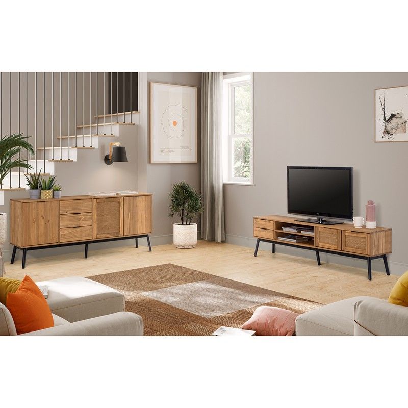 Pine and rattan TV cabinet in natural and black, 180 x 40 x 52 cm ...